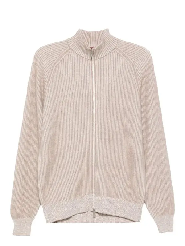 Brunello Cucinelli Ribbed High Neck Zip-up Cardigan - Beige