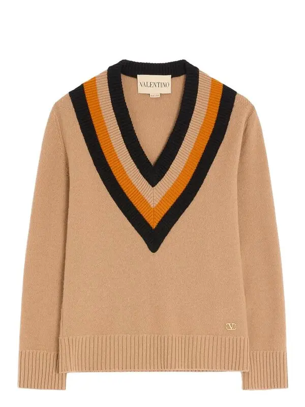 Valentino Garavani Wool Jumper With V-neck And Graphic Print - Nude