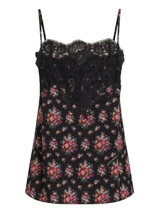 Dolce & Gabbana Small Flower Bouquets-printed Charmeuse Top - Black
