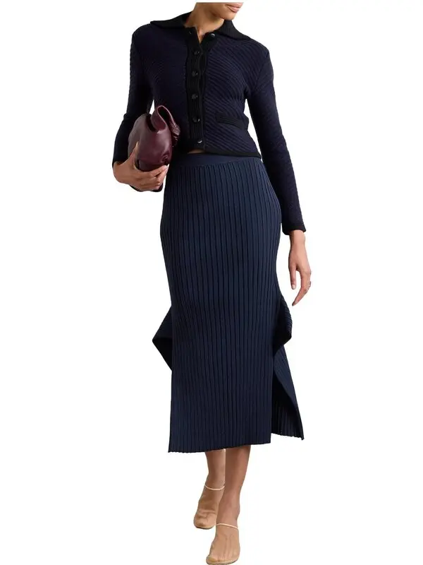 Stella McCartney High Waist Ribbed Knit Midi Skirt With Side Slits - Navy