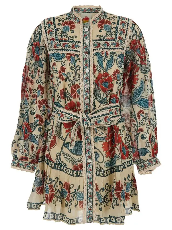 Farm Rio Long Sleeve Floral Belted Dress - Nude