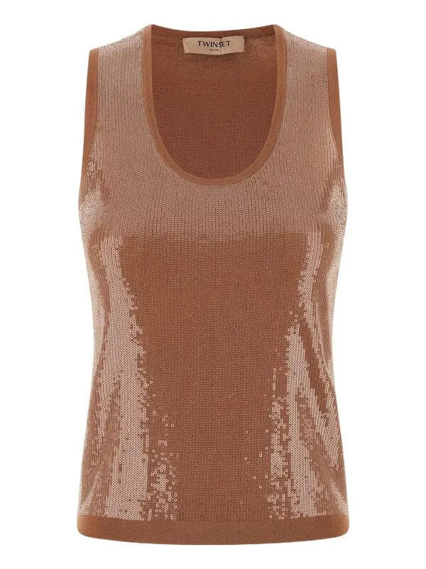 TWINSET Sequined Ribbed Knitted Top - Brown