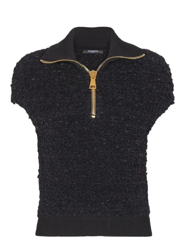 Balmain Short Sleeve Zip Collar Textured Top - Black