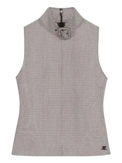COURREGES Houndstooth Sleeveless Top With Buckle Detail - Natural / Red / Black