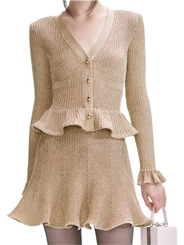 SELF-PORTRAIT Lurex Peplum Knit Mini Dress - Golden