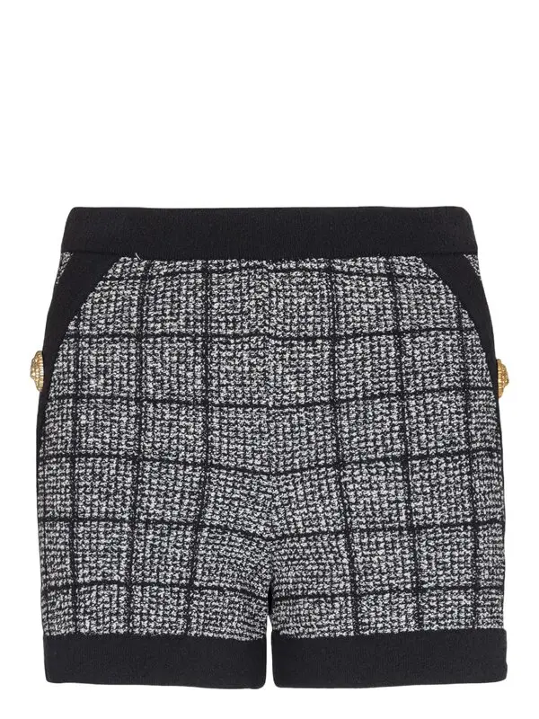 Balmain Checked Tweed Shorts With Lion Head Buttons - Black
