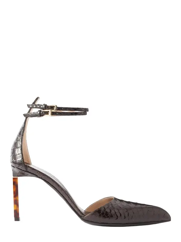 TOM FORD Snakeskin Leather High Heel Ankle Strap Pumps - Chocolate