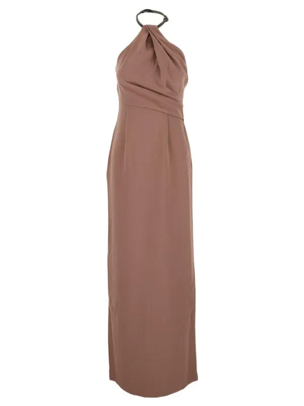 Solace London Halterneck Maxi Dress With Embellished Neckline - Brown