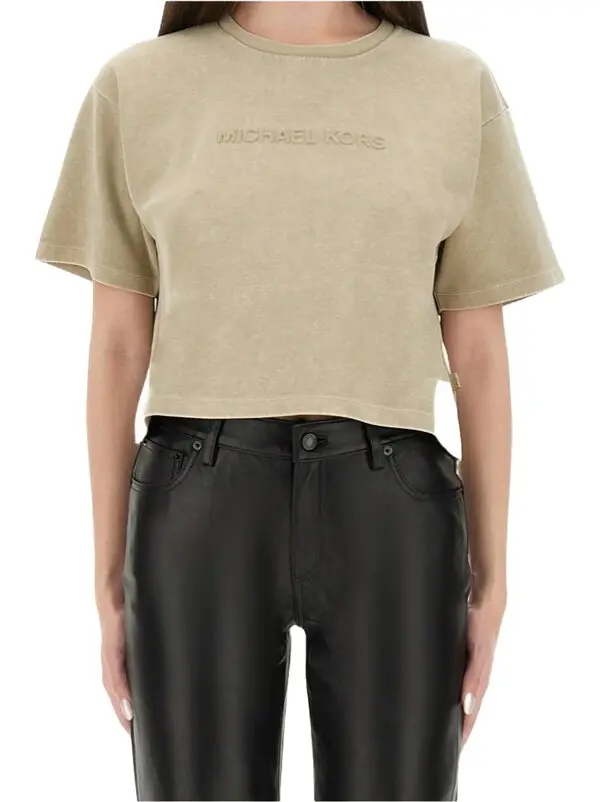 Michael Kors Logo Debossed Cropped T-shirt - Nude