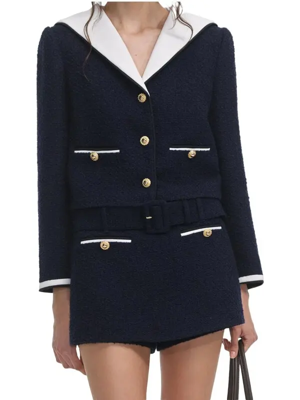 SELF-PORTRAIT Boucle Contrast Collar Jacket - Navy Blue
