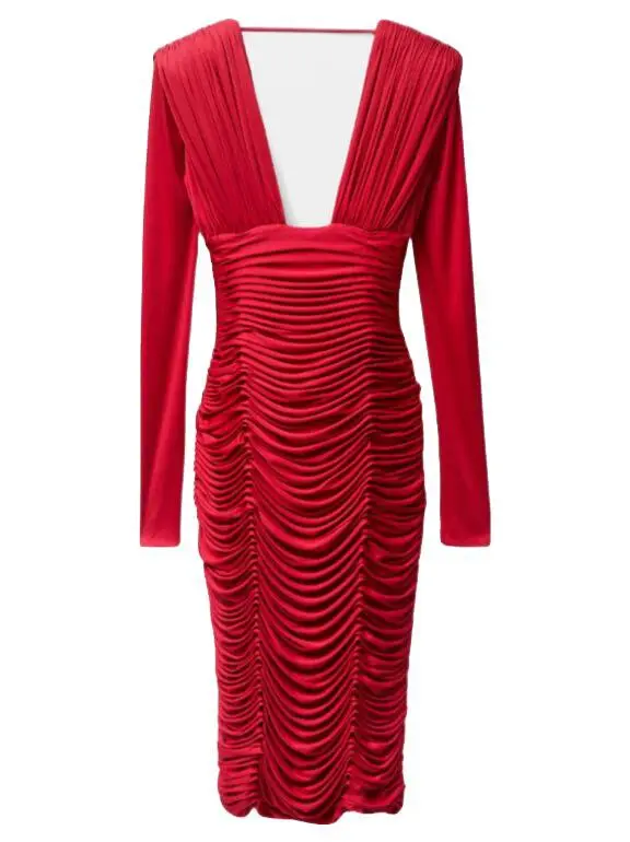 Versace Long Sleeve Draped Midi Dress - Red