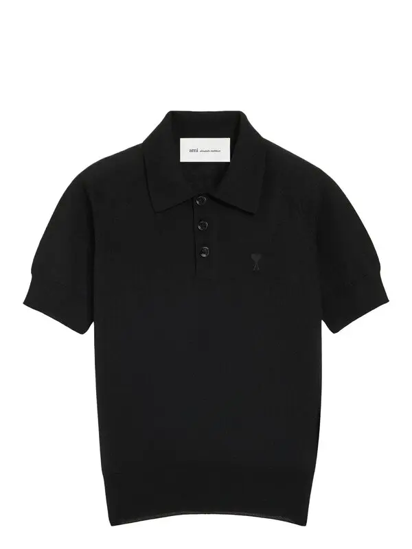 Ami Logo Embroidered Knitted Polo Top - Black