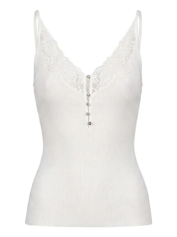 SELF-PORTRAIT Lace-trimmed Ribbed-knit Top - White