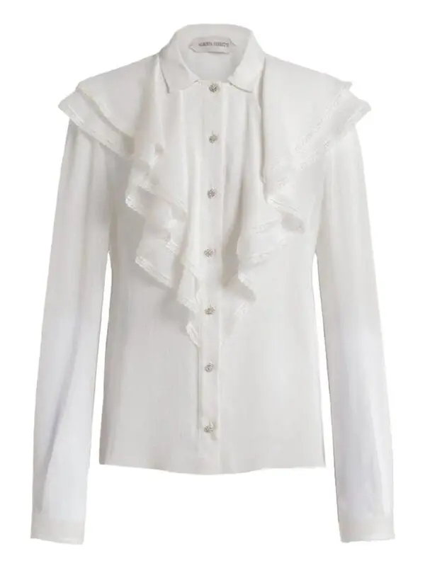 Alberta Ferretti Silk Creponne Ruffle Blouse - White