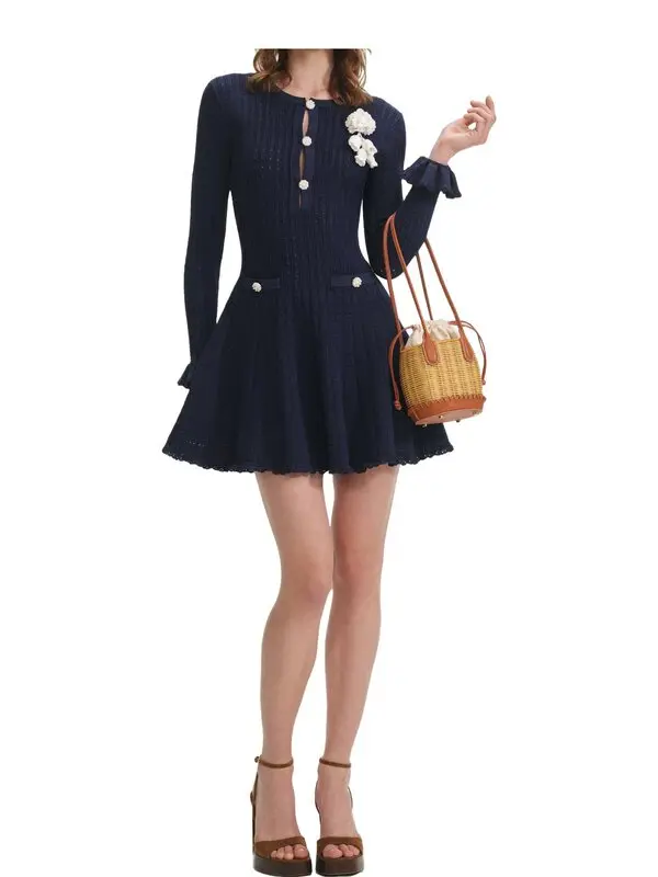 SELF-PORTRAIT Crochet Flower Mini Dress - Navy Blue