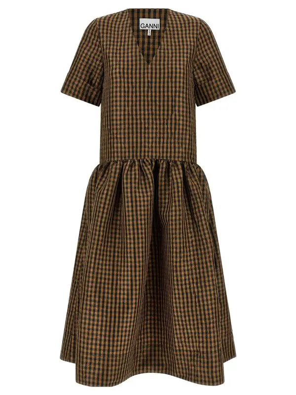 GANNI Crinkled Check Long Dress - Brown