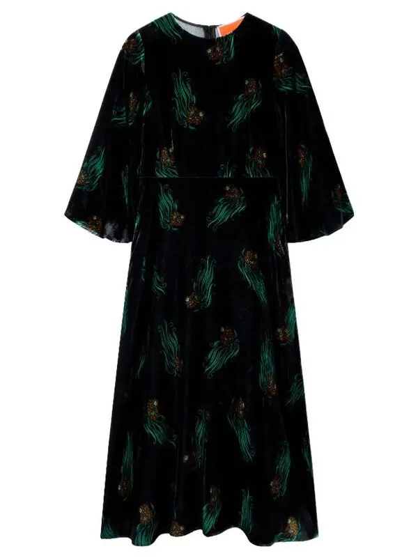 La DoubleJ Sorella Printed Silk Velvet Midi Dress With Bell Sleeves - Lemuria Black In Viscose Silk Velvet