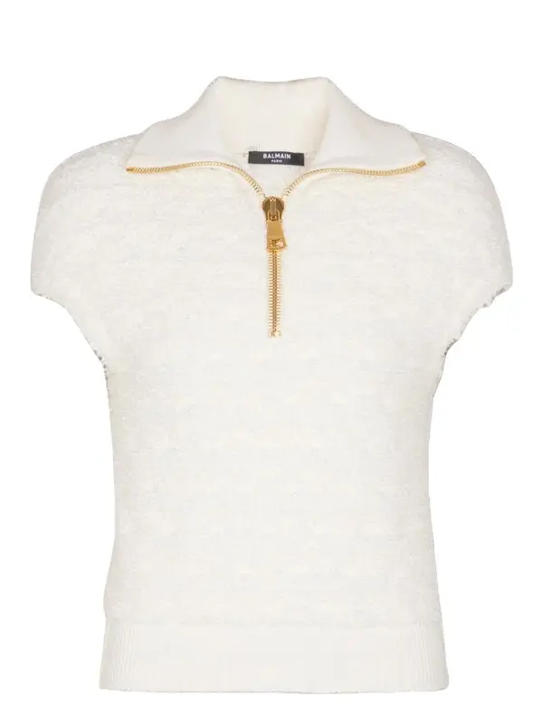 Balmain Textured Knit Zip Collar Top - White