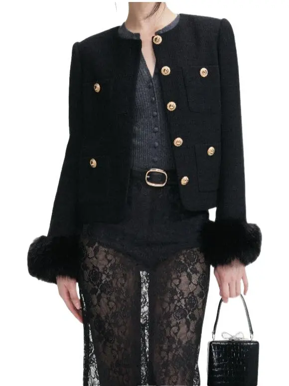 SELF-PORTRAIT Faux Fur-cuff Buttoned Jacket - Black