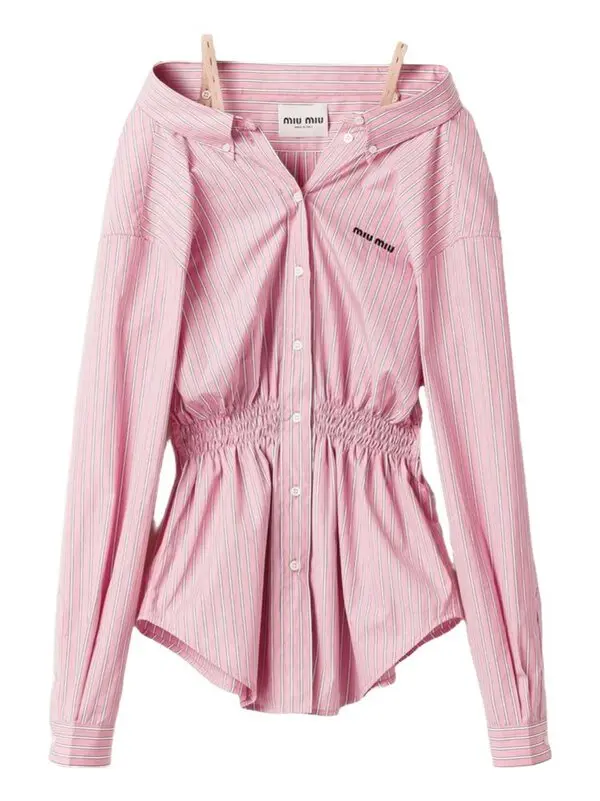 Miu Miu Striped Cotton Shirtdress With Embroidered Logo - Pink