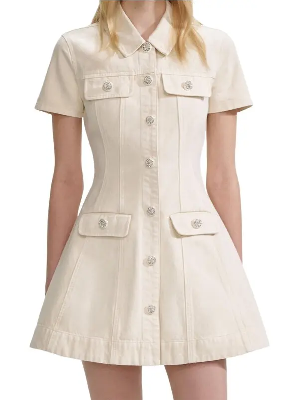 SELF-PORTRAIT Collared Denim Mini Dress With Faux Diamanté Buttons - Cream