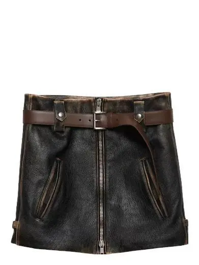 Prada Leather Miniskirt With Zippered Placket And Welt Pockets - Black