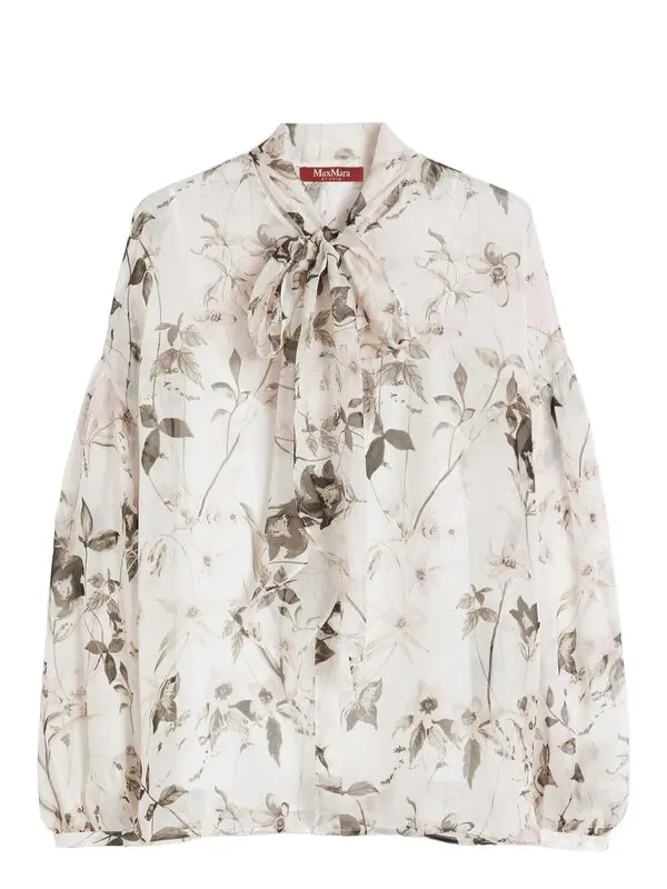 Max Mara Floral Print Silk Blouse With Pussy Bow - White