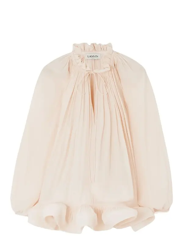 LANVIN Gathered Ruffle Charmeuse Blouse - Nude