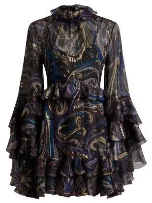 Etro Paisley Foliage Motif Ruffled Mini Dress - Black