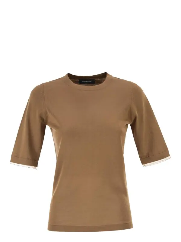 Fabiana Filippi Short Sleeve Knit Sweater With Sheer Trim - Brown