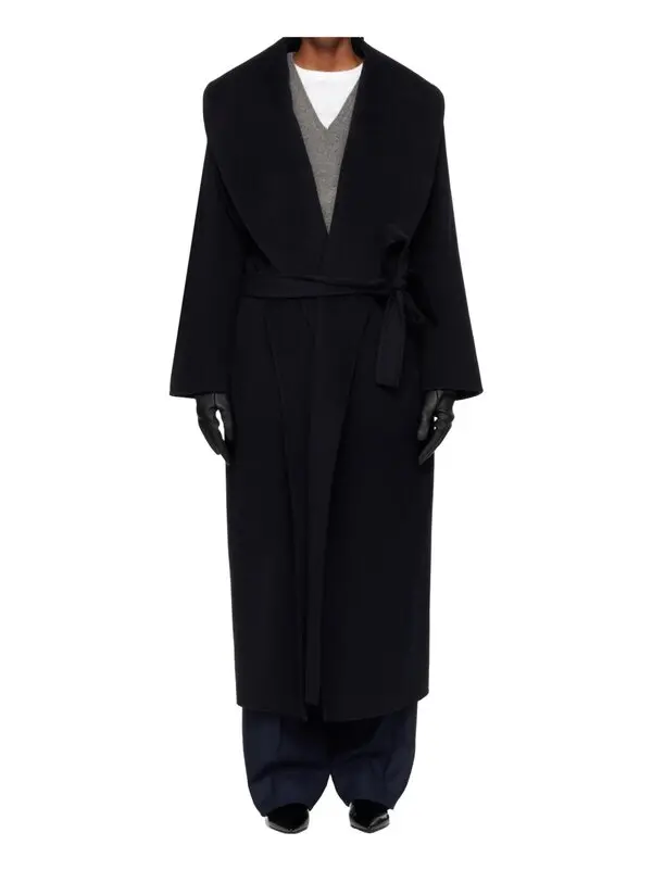 RÓHE Long Sleeve Shawl Collar Belted Coat - Navy Blue
