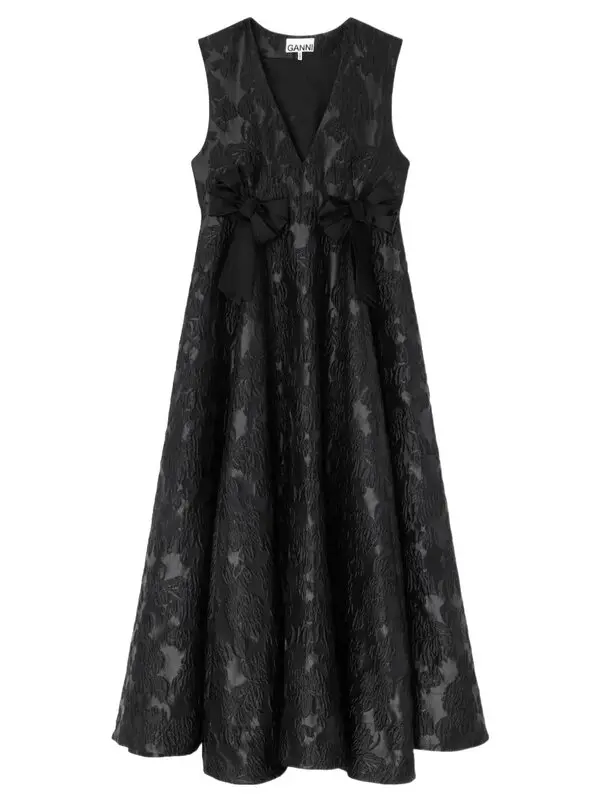 GANNI Satin Cloqué Long Dress - Black