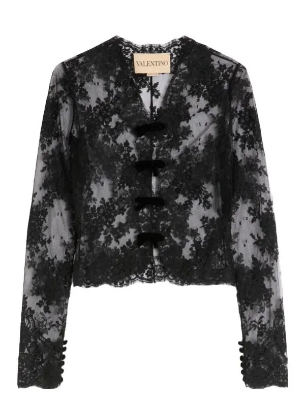 Valentino Garavani Lace Long Sleeve V-neck Top With Bow Detail - Black