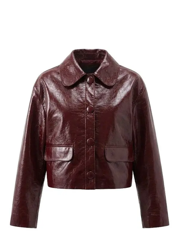 SELF-PORTRAIT Cropped Leather Jacket - Wine Red