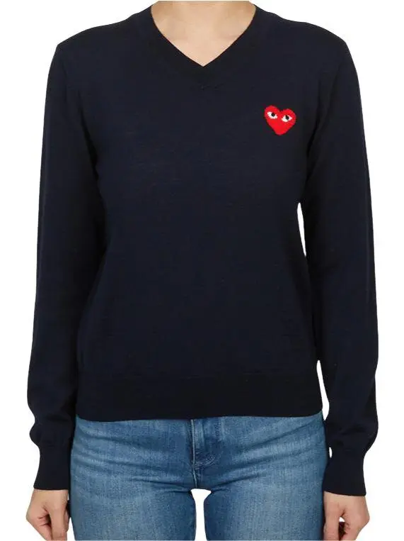 Play Comme Des Garcon Long Sleeve V-neck Sweater - Navy Blue