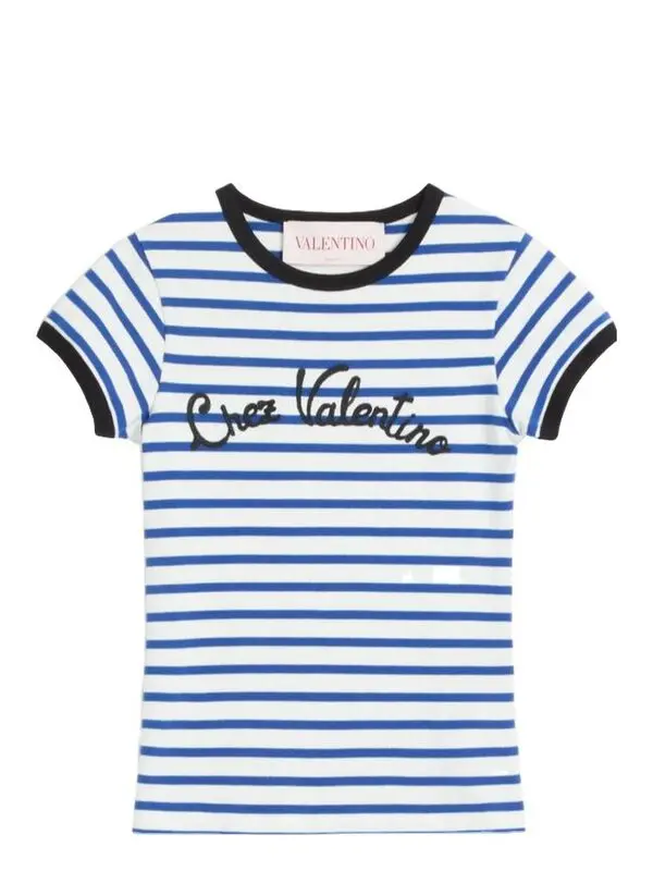 Valentino Garavani Striped Crewneck T-shirt With Embroidered Logo - Blue