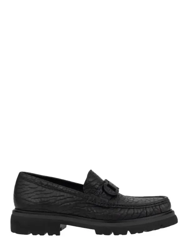 FERRAGAMO Leather Loafers With Buckle Detailing - Black