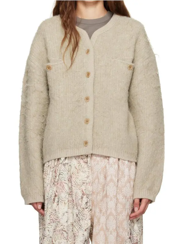 OPEN YY Shaggy V-neck Cardigan - Beige