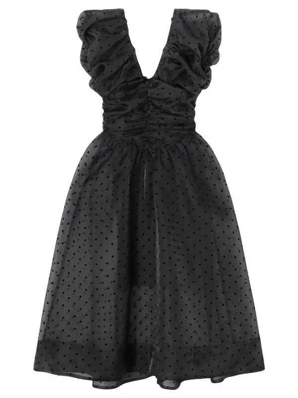 GANNI Organza Ruched Polka Dot Midi Dress - Black