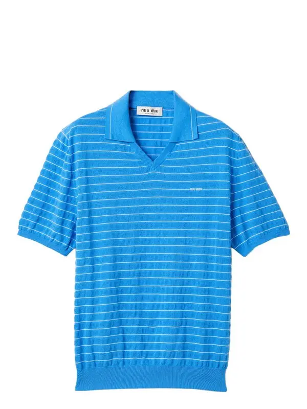 Miu Miu Striped Piqué Motif Cotton V-neck Sweater - Sapphire Blue