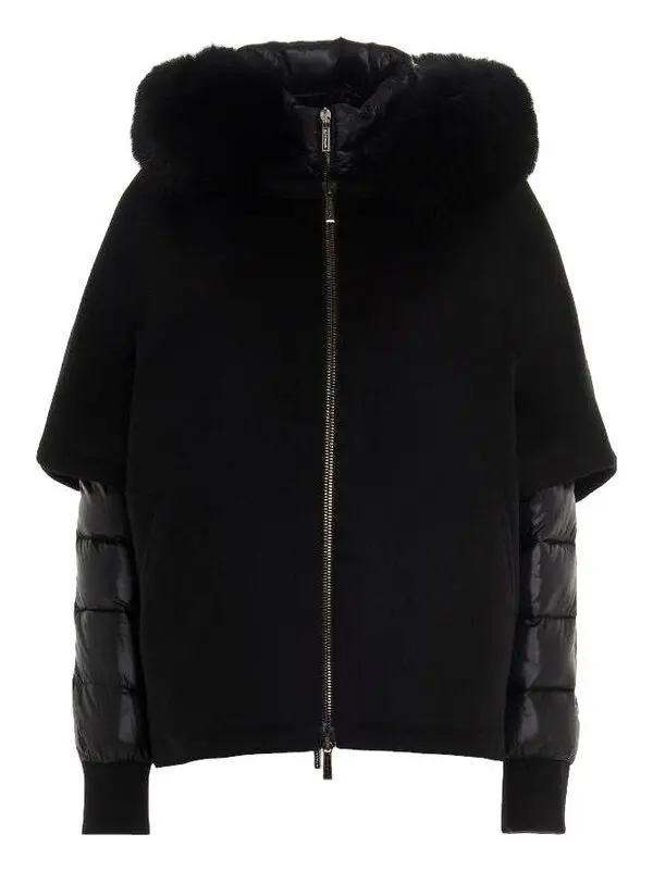 MOORER Detachable Shawl Coat With Fur Hood - Black
