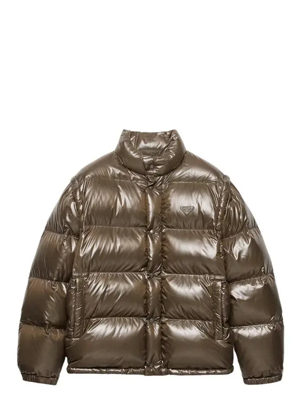 Prada Logo Plaque High Neck Puffer Jacket - Camouflage Green