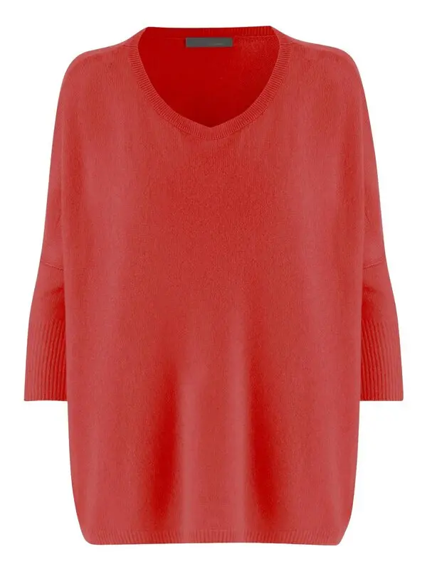 ALLUDE V-neck Half-sleeve Sweater - Red