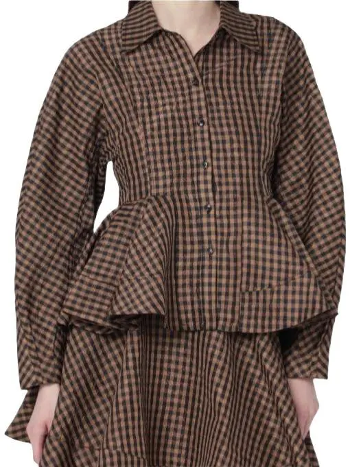 GANNI Peplum Check Shirt - Brown