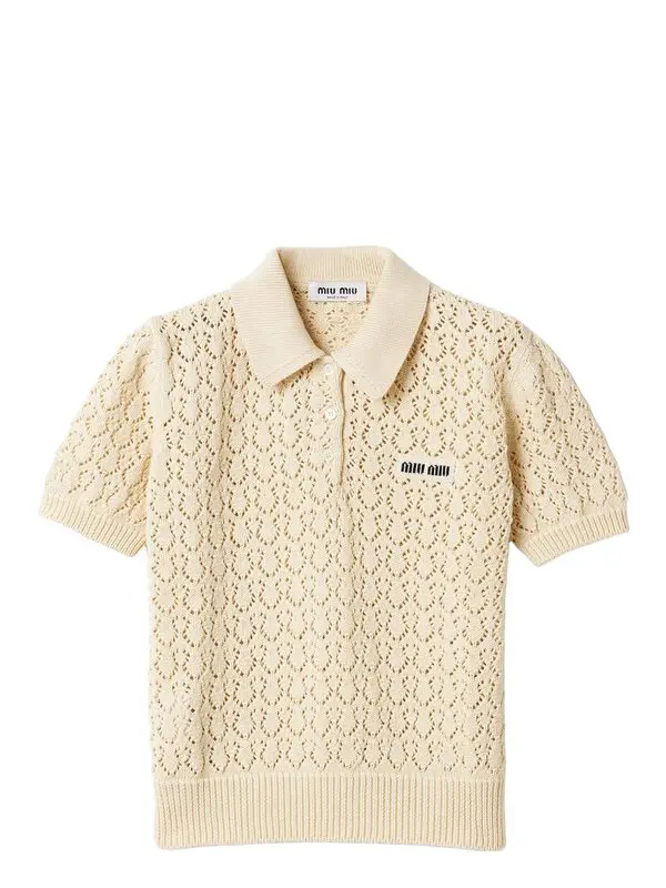 Miu Miu Cotton Knit Polo Shirt With Lace Detail - Ivory