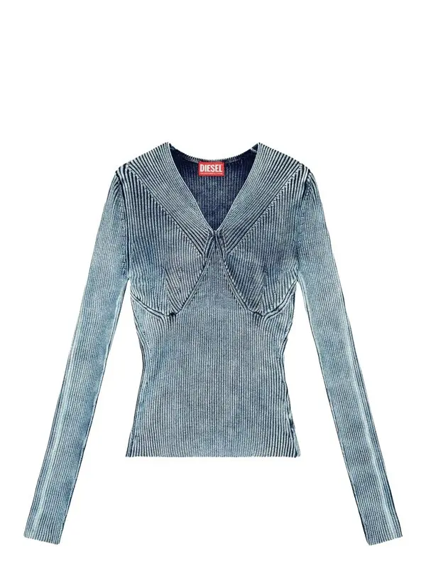 DIESEL® Ribbed V-neck Knit Top With Mylar Foil Coating - Blue
