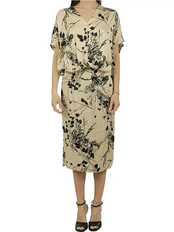 SEMICOUTURE Floral Print V-neck Midi Dress - Nude