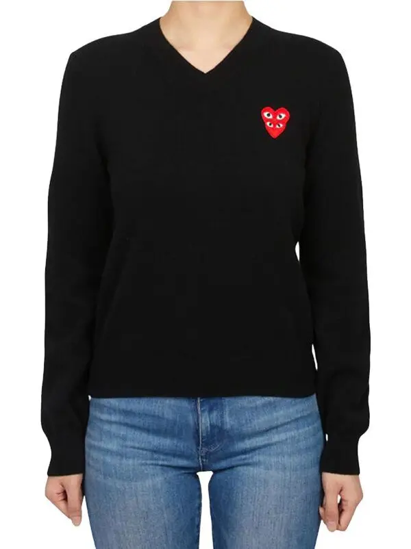Comme Des Garçons Long Sleeve V-neck Sweater With Embroidered Heart - Black