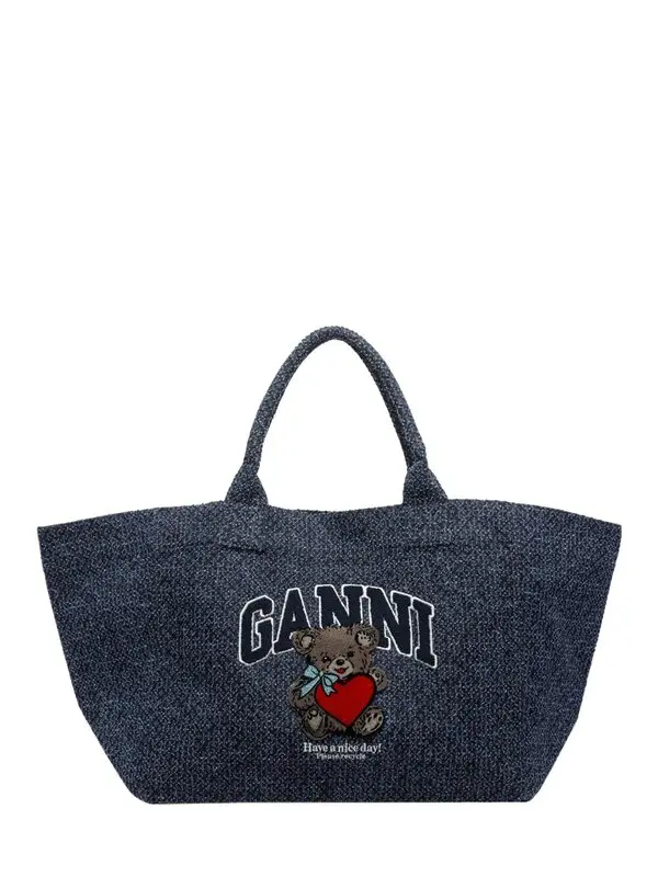 GANNI Extra Large Bear Embroidered Tote Bag - Blue