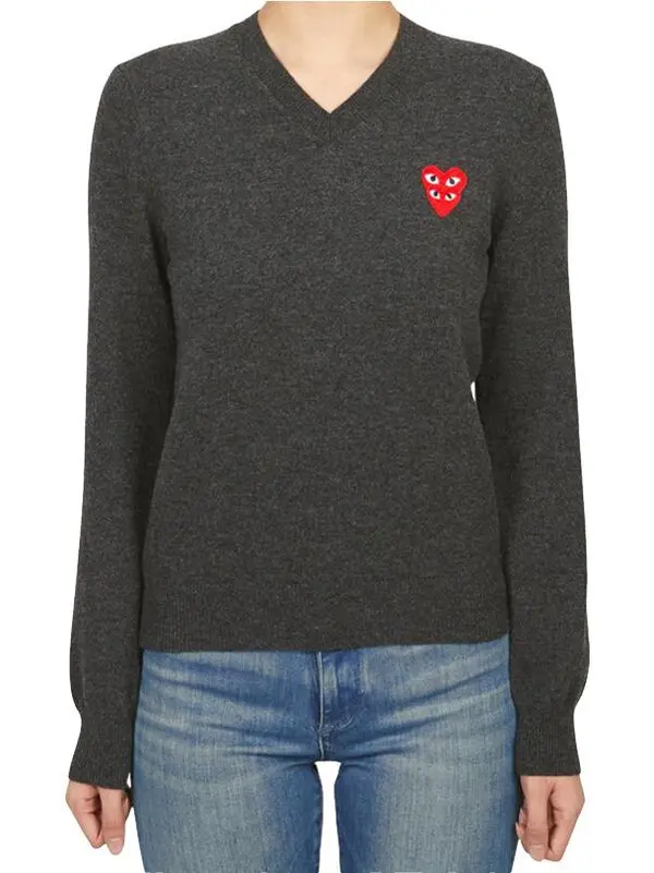 Comme Des Garçons V-neck Long-sleeved Sweater With Embroidered Heart - Black